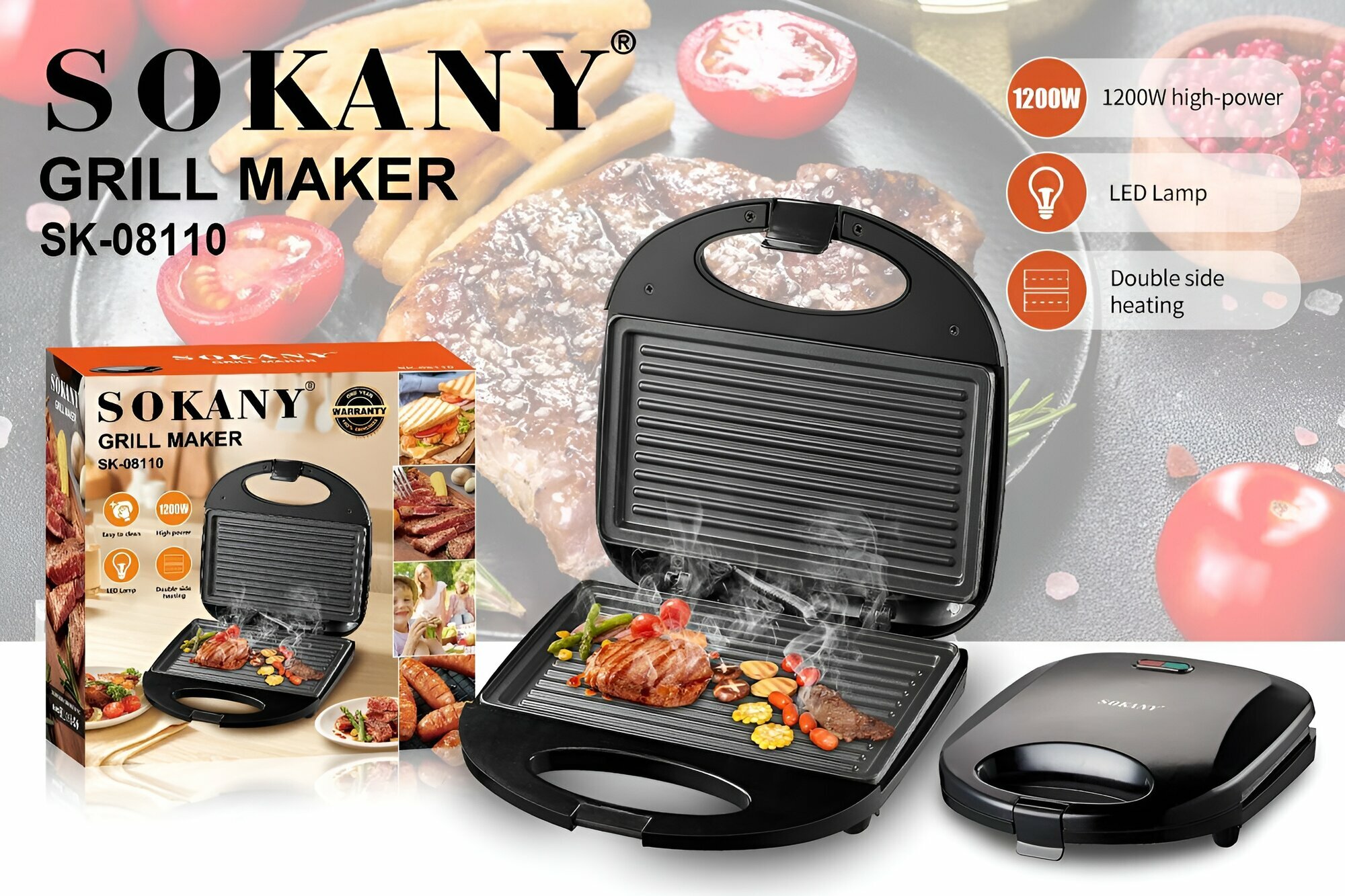 Электрический гриль SOKANY SK-08110 антипригарный для мяса рыбы овощей и сэндвичей для дома