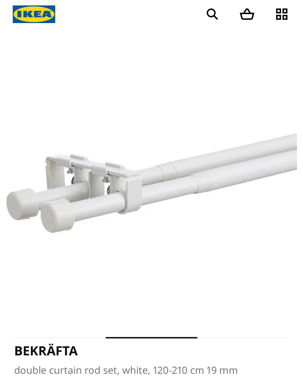 Двойной карниз BEKRÄFTA IKEA, белый, раздвижной 120-210 см 19 мм