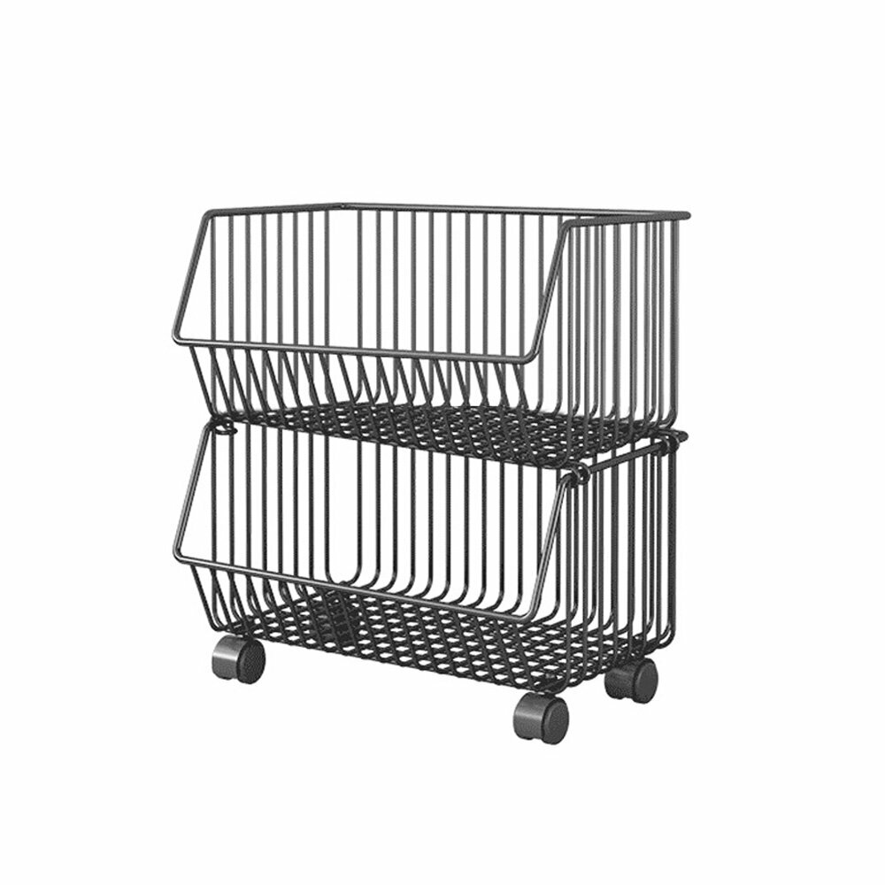 2 Tier Fruit Basket for Kitchen Storage Cart Stackable Metal Wire Snacks Organizer Baskets with Rolling Wheels Potato Onion Bins Rack Living Room Home Office