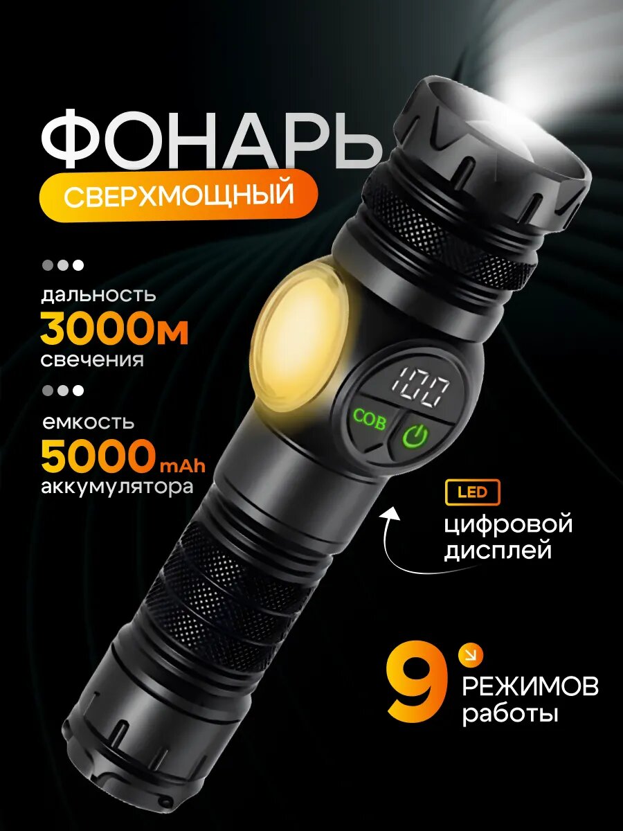 Ручной аккумуляторный фонарь COOBA с лазером и светодиодами в черном премиум корпусе