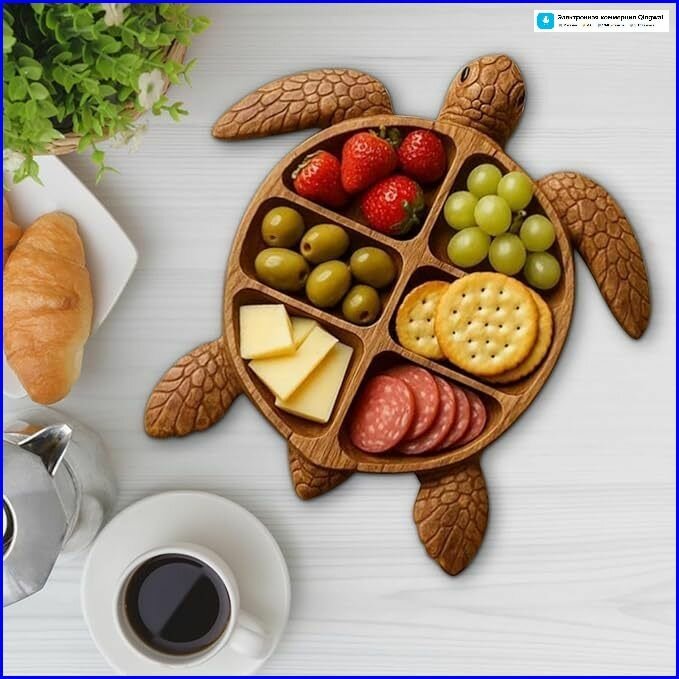 Деревянный разделительный поднос в форме черепахи для сыра, колбас, закусок, 6 отделений, натуральный цвет