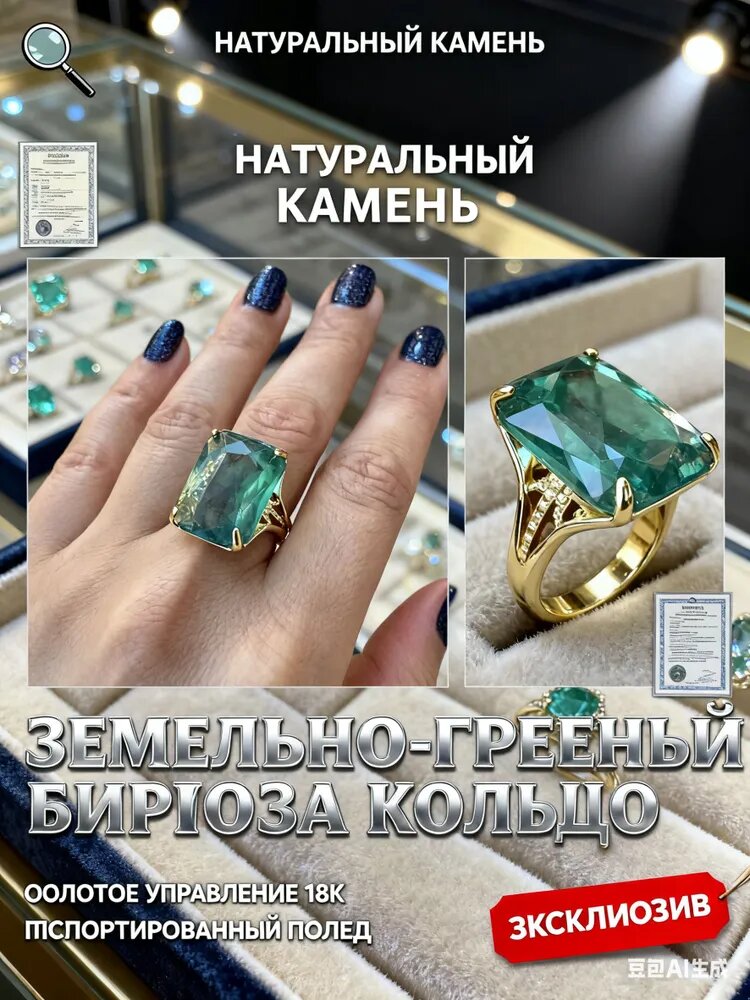 GEALFIS Кольцо с натуральным флюоритом, крупный кабошон 26x20мм(Два случайных цвета)