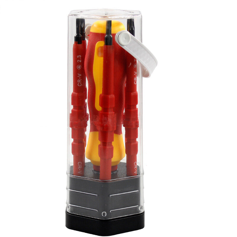 Набор отверток с изоляцией 7 шт. 500V с магнитными наконечниками разного типа (плоские, крестовые, Torx, Y-образные, U-образные, треугольные) и мягкими ручками для электрика и ремонтных работ, цвет: красный и желтый