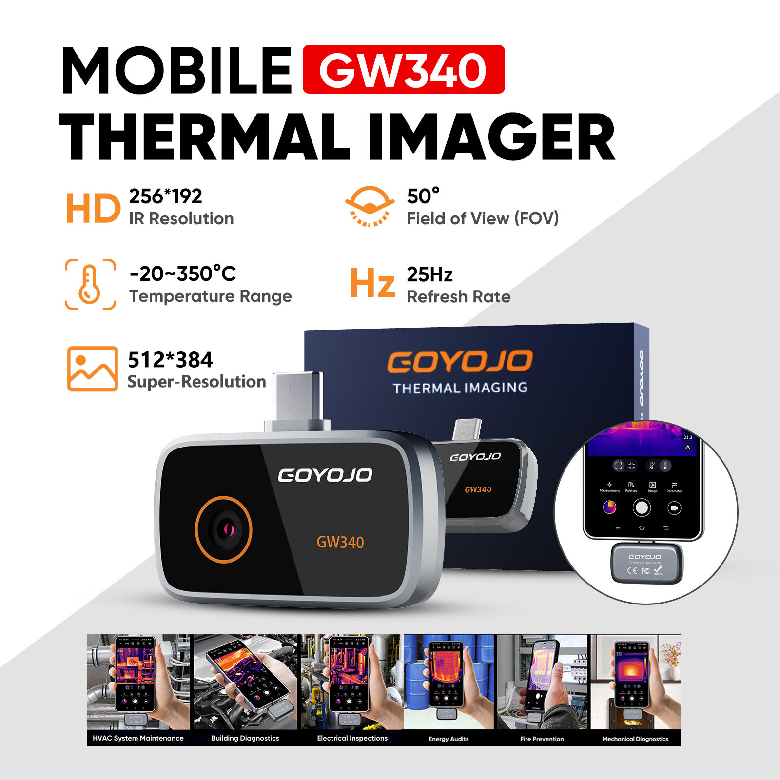 GOYOJO GW340 Тепловизор для смартфона 512*384 Android/iOS используется для диагностики электрооборудования, обнаружения утечек тепла и систем отопления, вентиляции и кондиционирования воздуха.