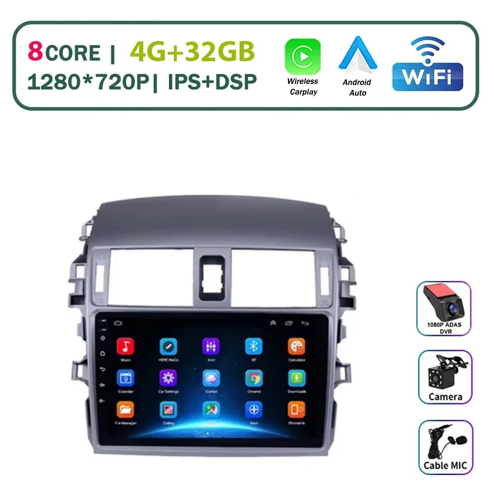 Автомагнитола Android 16 для Toyota Corolla 10 E140 E150 2006-2013, мультимедийный видеоплеер, беспроводной адаптер Carplay, головное устройство 4G-32G M C D Carplay