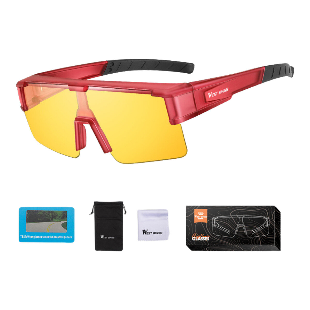 WEST-BIKING Очки для велосипеда Большой кадр Миопия комплект, поляризационные очки, адаптивные по цвету очки для велосипедного спорта, PC кадр, 155x55x45mm, Черный/Прозрачный черный/Прозрачный синий/Прозрачный красный, 1 шт, 30 г, 110 г, с тестовой