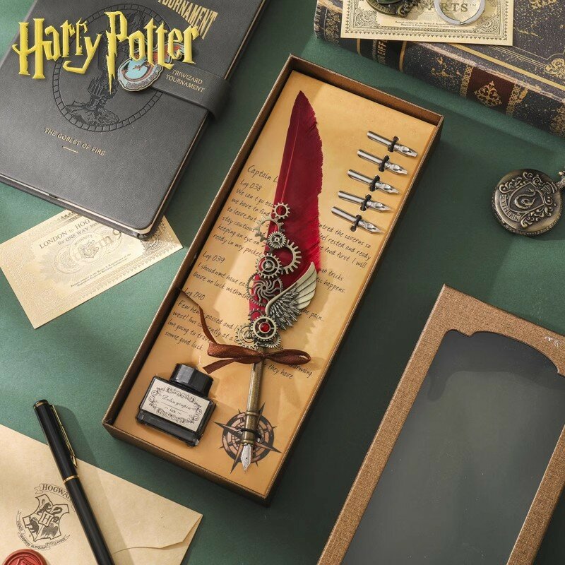 Набор подарочных ручек Magic Academy Retro Mechanical Feather Fountain Pen, набор перьевых ручек в стиле стимпанк с золотыми блестками