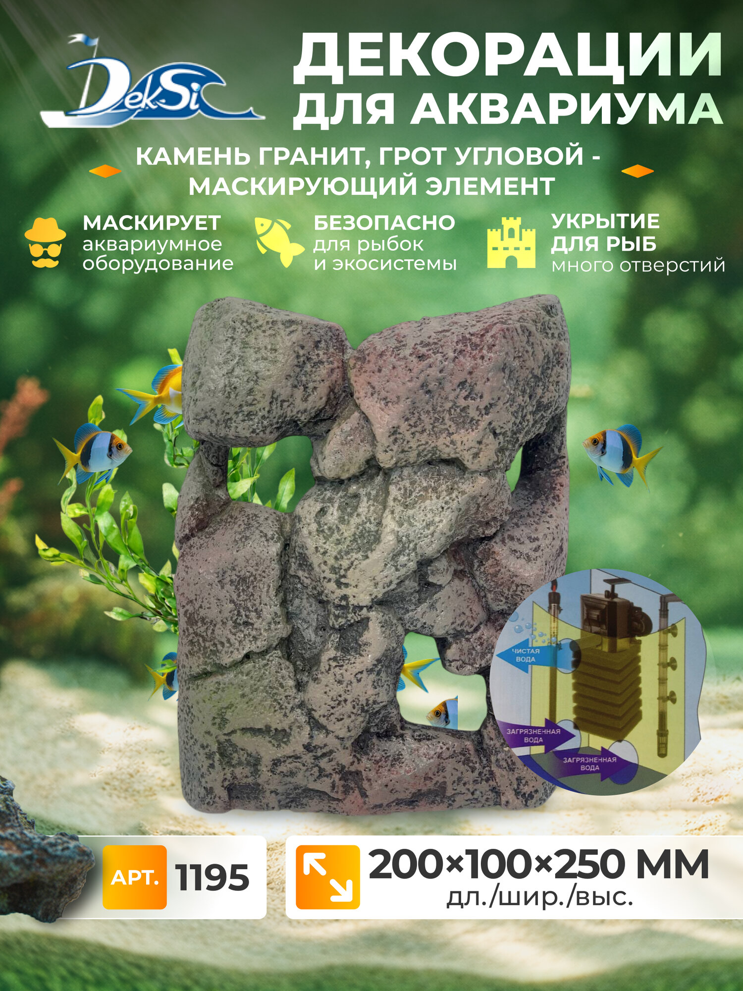 Декорация для аквариума камень Гранит, грот DEKSI 1195 маскирующий элемент для фильтра и обогревателя