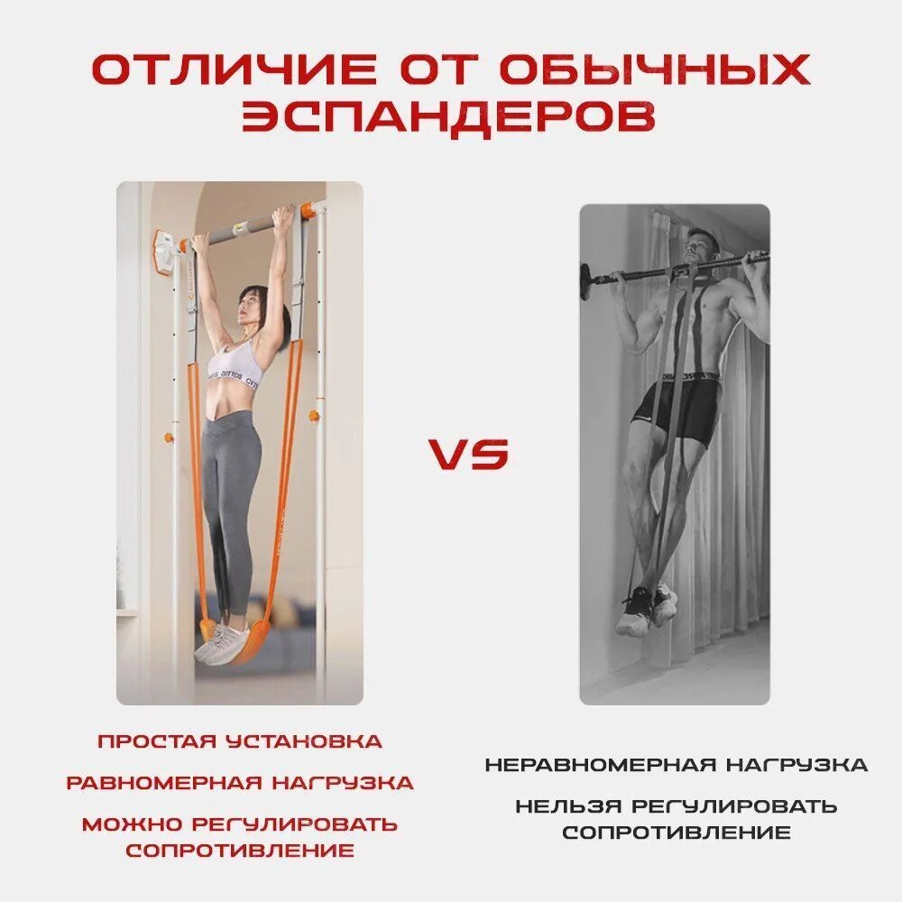 Эспандер для турника с подставкой для ног и ремнями до 60 кг многофункциональный красный — фото 1
