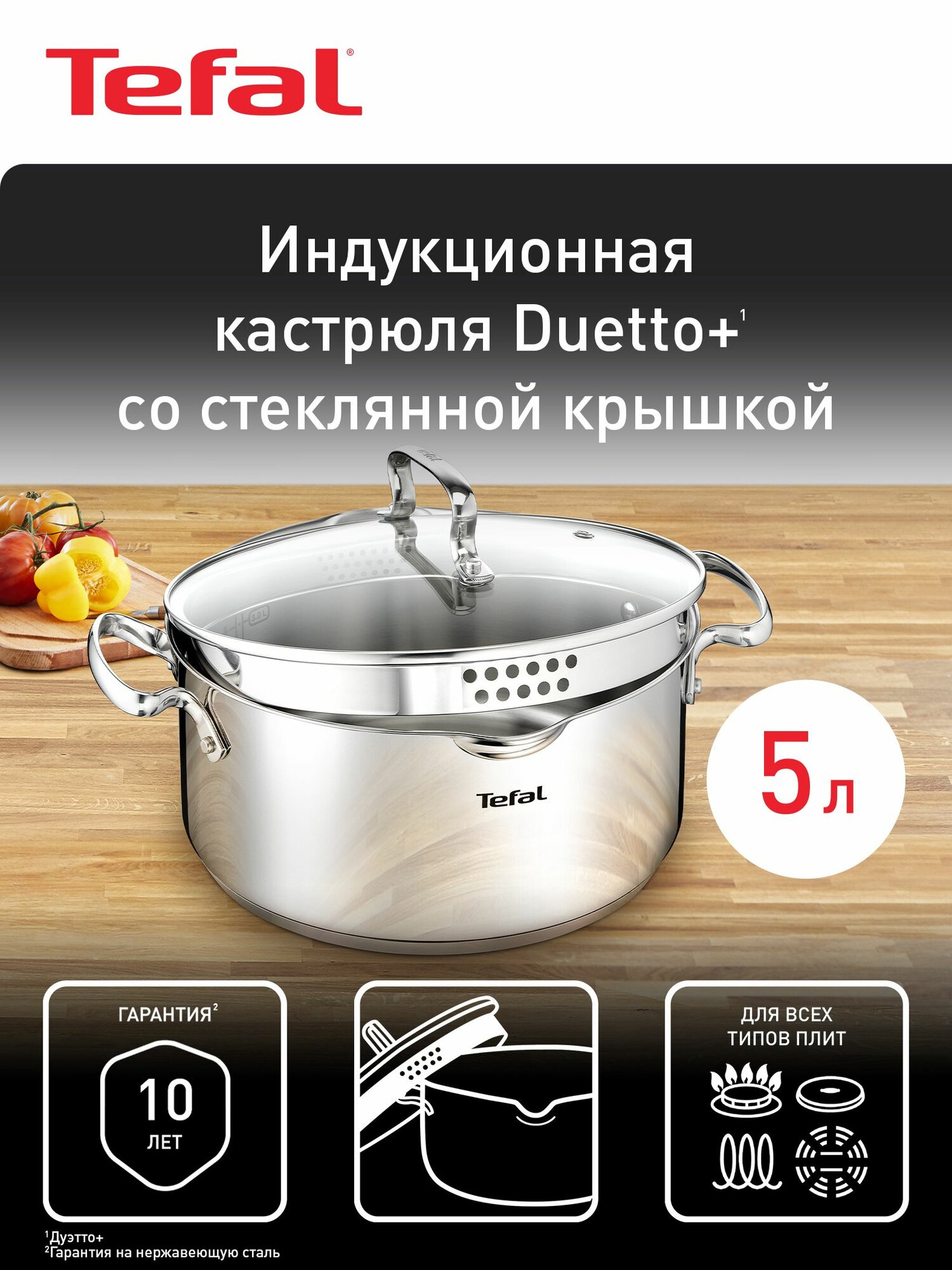 Кастрюля 5 л 24 см Tefal Duetto+ G7194655 с крышкой, из нержавеющей стали, с мерной шкалой, со сливными носиками, для всех типов плит, включая индукционные, гарантия на нержавеющую сталь 10 лет