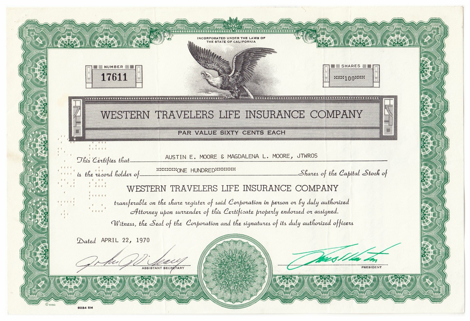 Акция США WESTERN TRAVELERS LIFE INSURANCE COMPANY 1967- 1970 гг