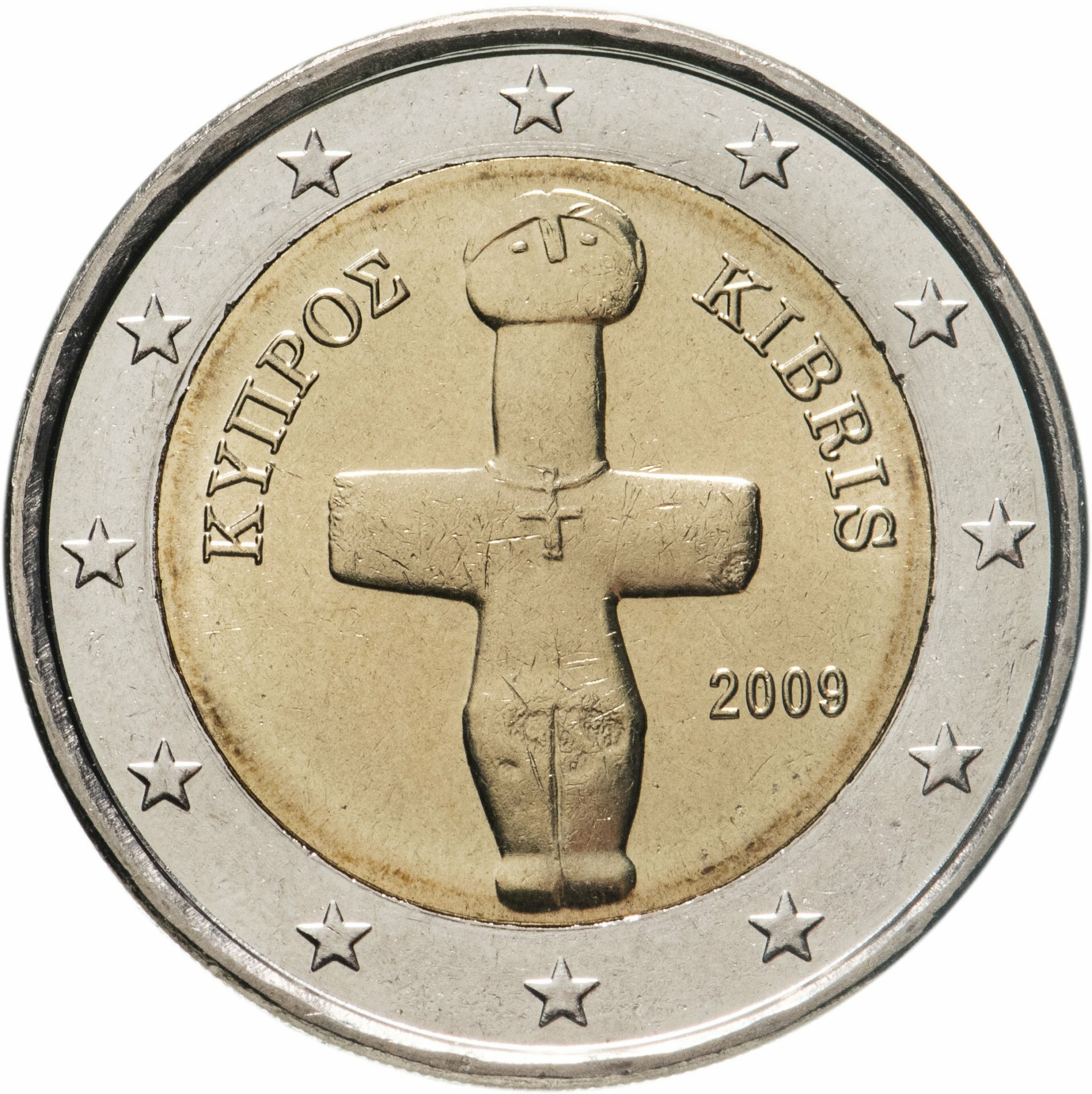 Кипр 2 евро 2009 обычная, Биметалл, в сохранности UNC