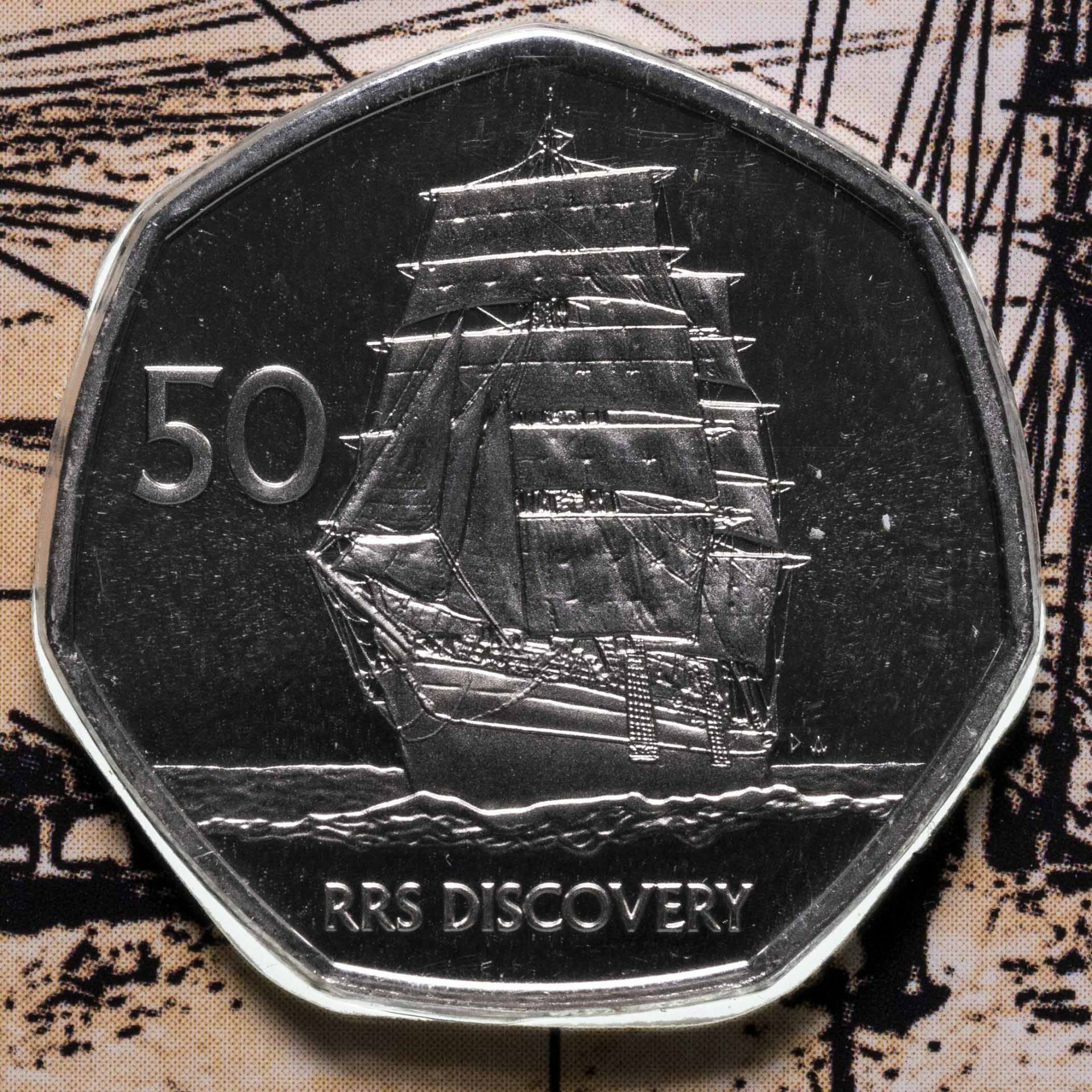 Южная Джорджия и Южные Сандвичевы острова 50 пенсов 2021 "RRS Discovery", Мельхиор медь-никель, в сохранности UNC