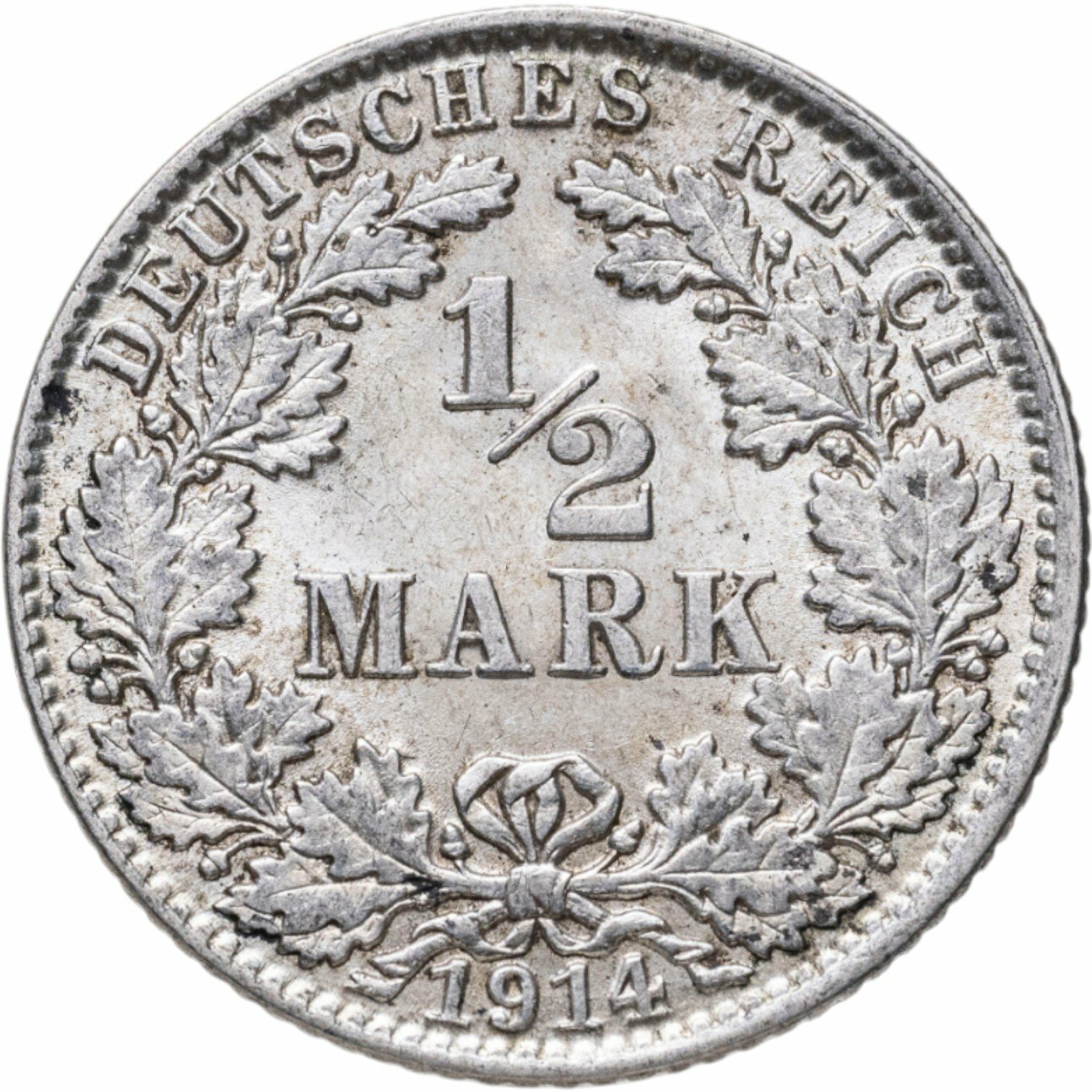 Германия 1/2 марки mark 1914 Знак монетного двора: "J" - Гамбург, Серебро 900, в сохранности AU