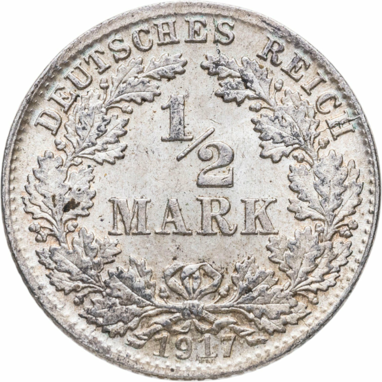 Германия 1/2 марки mark 1917 Знак монетного двора: "D" - Мюнхен, Серебро 900, в сохранности AU-UNC