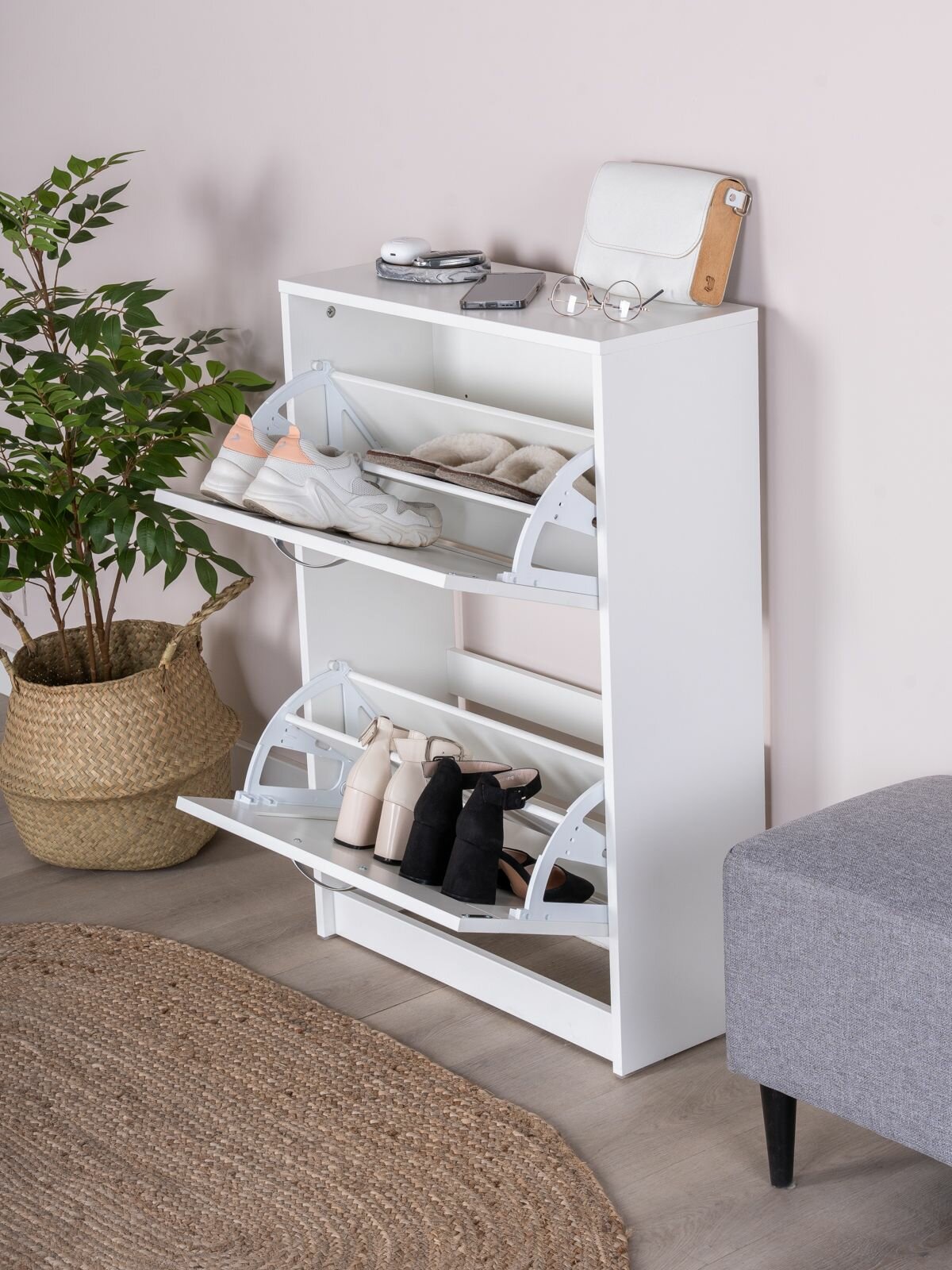 Обувница Сириус с 2 откидными ящиками, 60 х 25 х 89 см, ЛДСП, белая, ГУД лакк