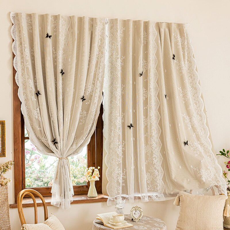 Французские кремовые шторы с магической лентой, установка без сверления, 100% полное затемнение, двойной слой, самоклеящаяся перегородка, утолщенная защита от солнца