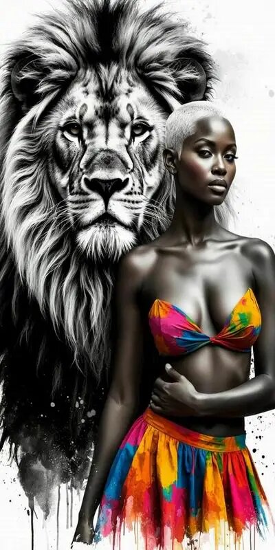 Алмазная живопись Fullcang Черно-белый лев, африканская женщина Round 50x100cm, FC22661