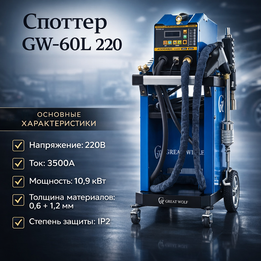 Споттер Great Wolf "GW-60L" 220В, для кузовного ремонта с тележкой, точечная сварка, расходники в комплекте, сварочный аппарат
