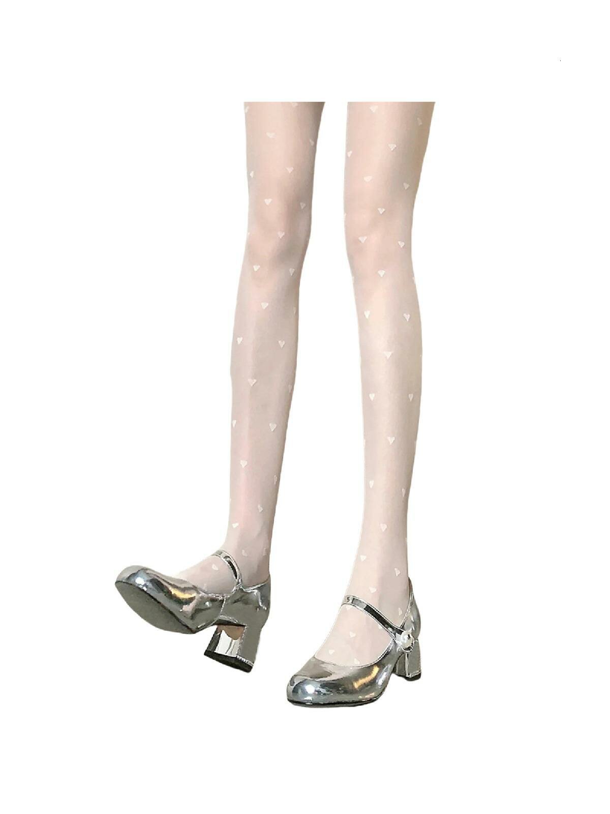 Женские чулки с кружевом и узором сердец, Белый в стиле Love