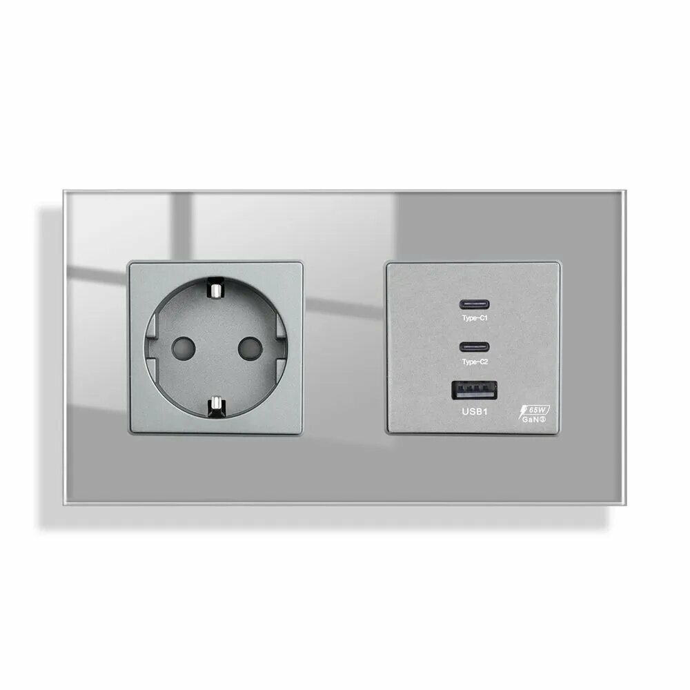 Розетка электрическая 2 поста с 2 USB/Type-C быстрая зарядка 65W и розеткой EU 220V, цвет серый,1шт