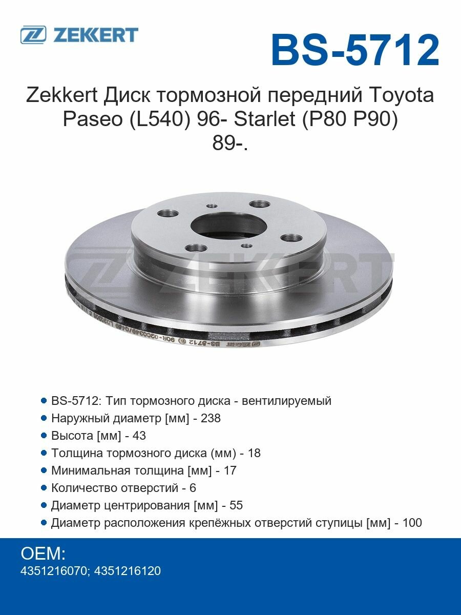 Zekkert Диск тормозной передний Toyota Paseo (L540) 96- Starlet (P80 P90) 89-.