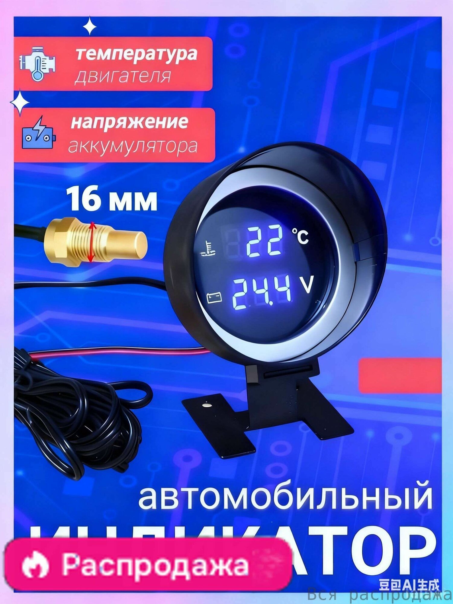 Датчик температуры двигателя с вольтметром цифровой 16мм