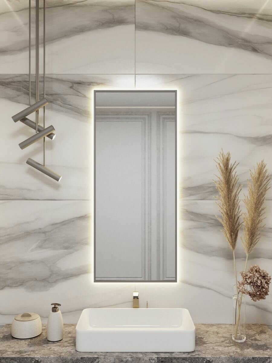 Зеркало в ванную 110х40 см. серебро с подсветкой. Свет: Нейтральный белый 4500К. В алюминиевой раме настенное BLX MIRROR