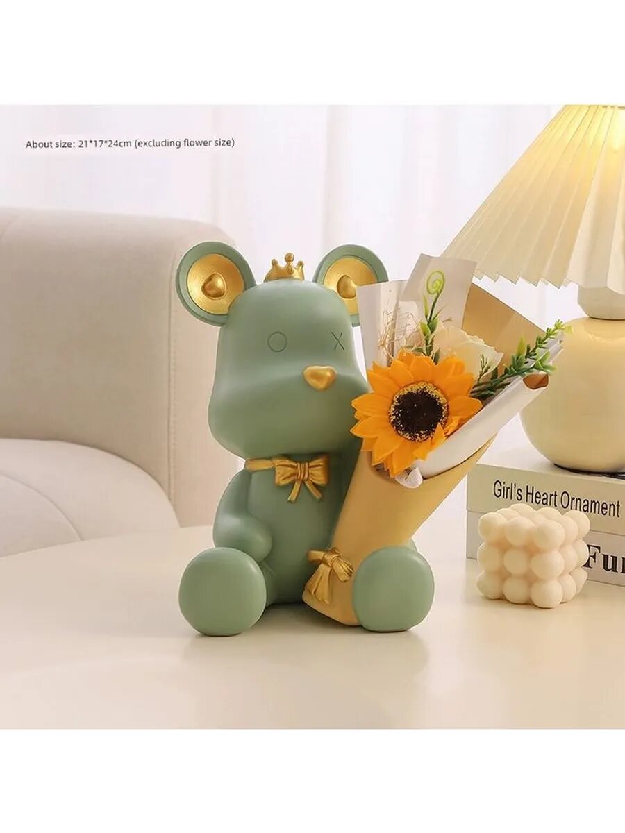 Скандинавский медведь-букет зеленый, большой, подсолнухи