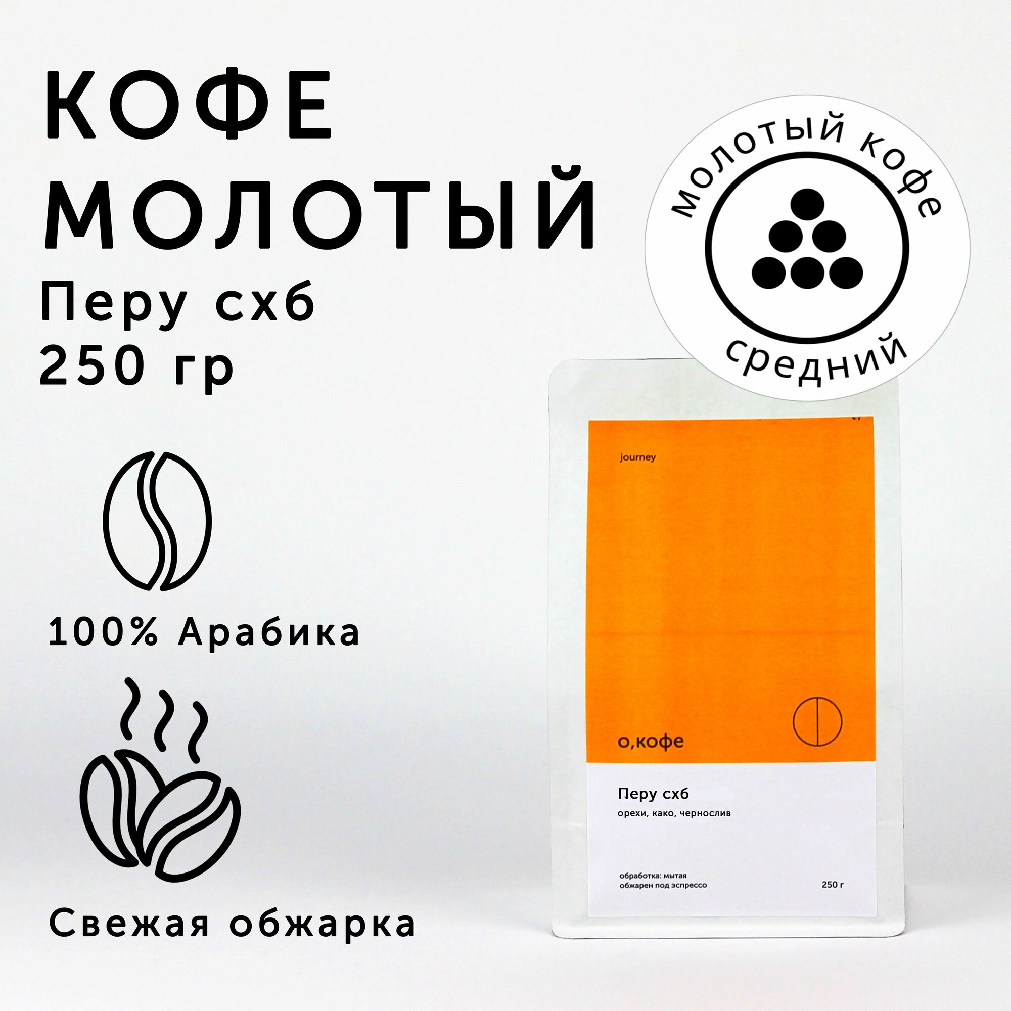 Кофе молотый О, кофе Перу схб 250 гр, средний помол