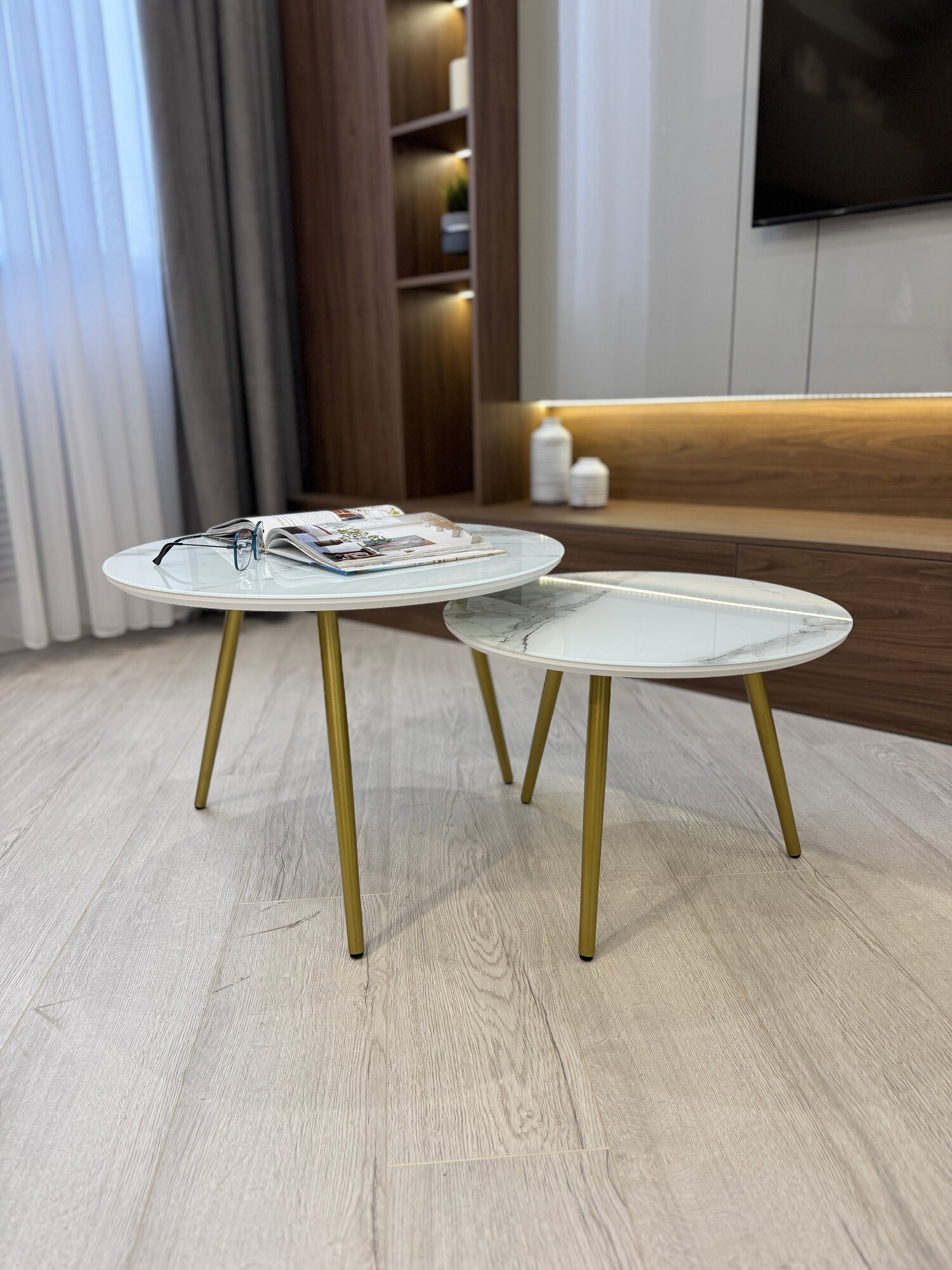 Комплект журнальных столов Локо в стекле, 2 шт белый мрамор/золото