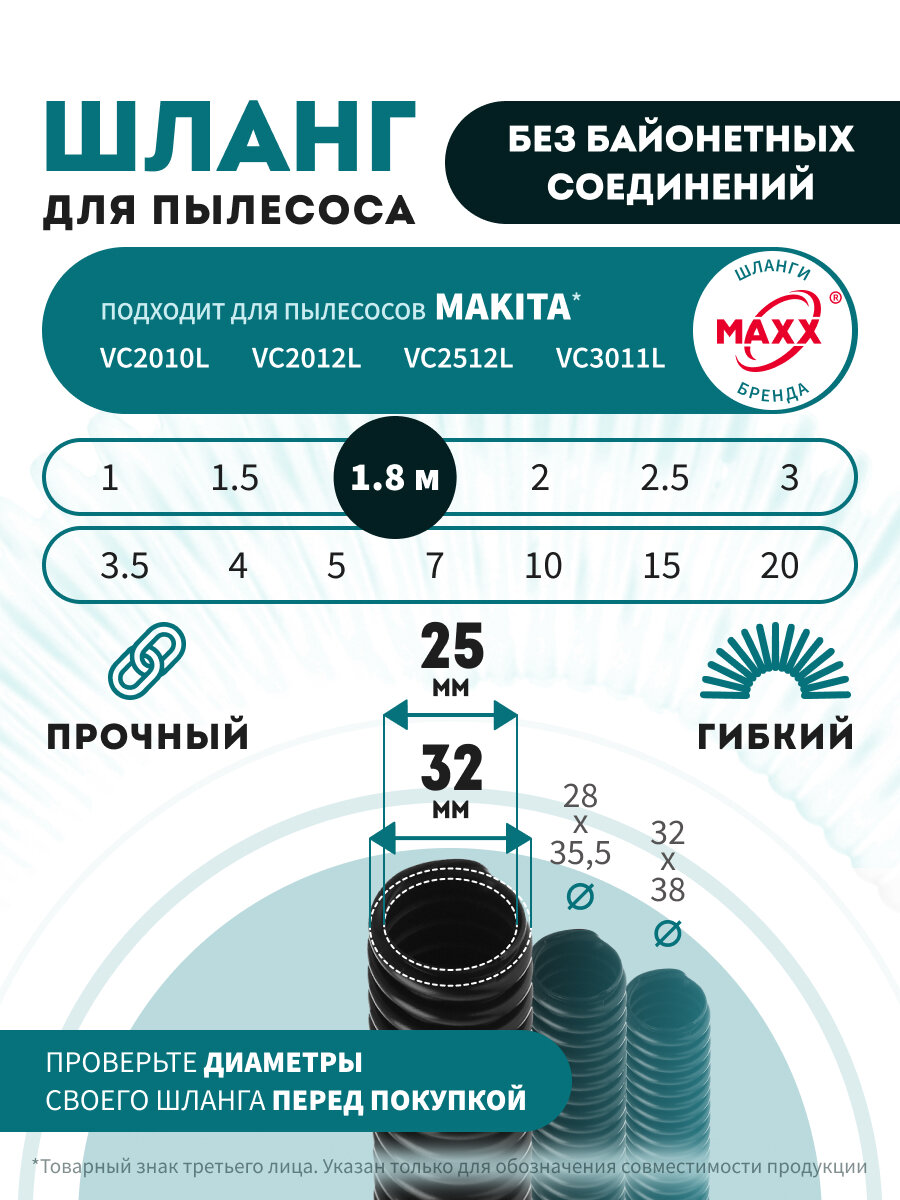 Шланг гибкий для пылесоса MAKITA VC2010L, 2012L, 2512L, VC3011L 1.8 м