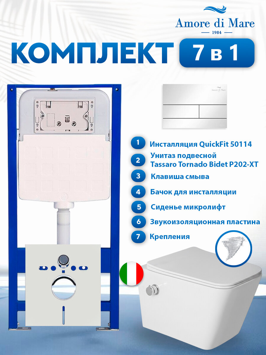 Комплект инсталляции Amore di Mare QuickFit 50114 с унитазом Tassaro Tornado Bidet P202-XT с функцией биде с кнопкой 404CH 7 в 1, Италия
