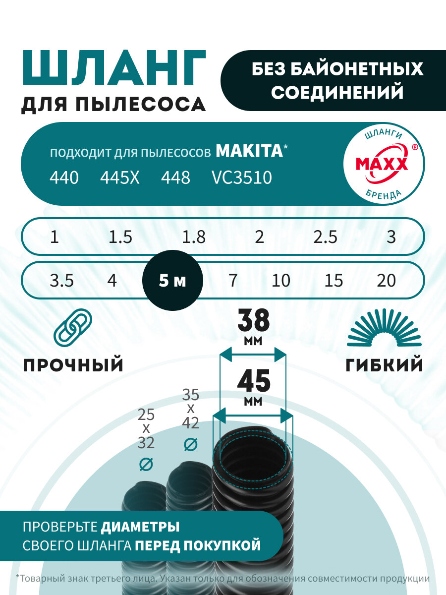 Шланг гибкий для пылесоса MAKITA 440, 440(7), 445X, 445X(6), 448, 448(6), VC3510, 3510(7) 5 м
