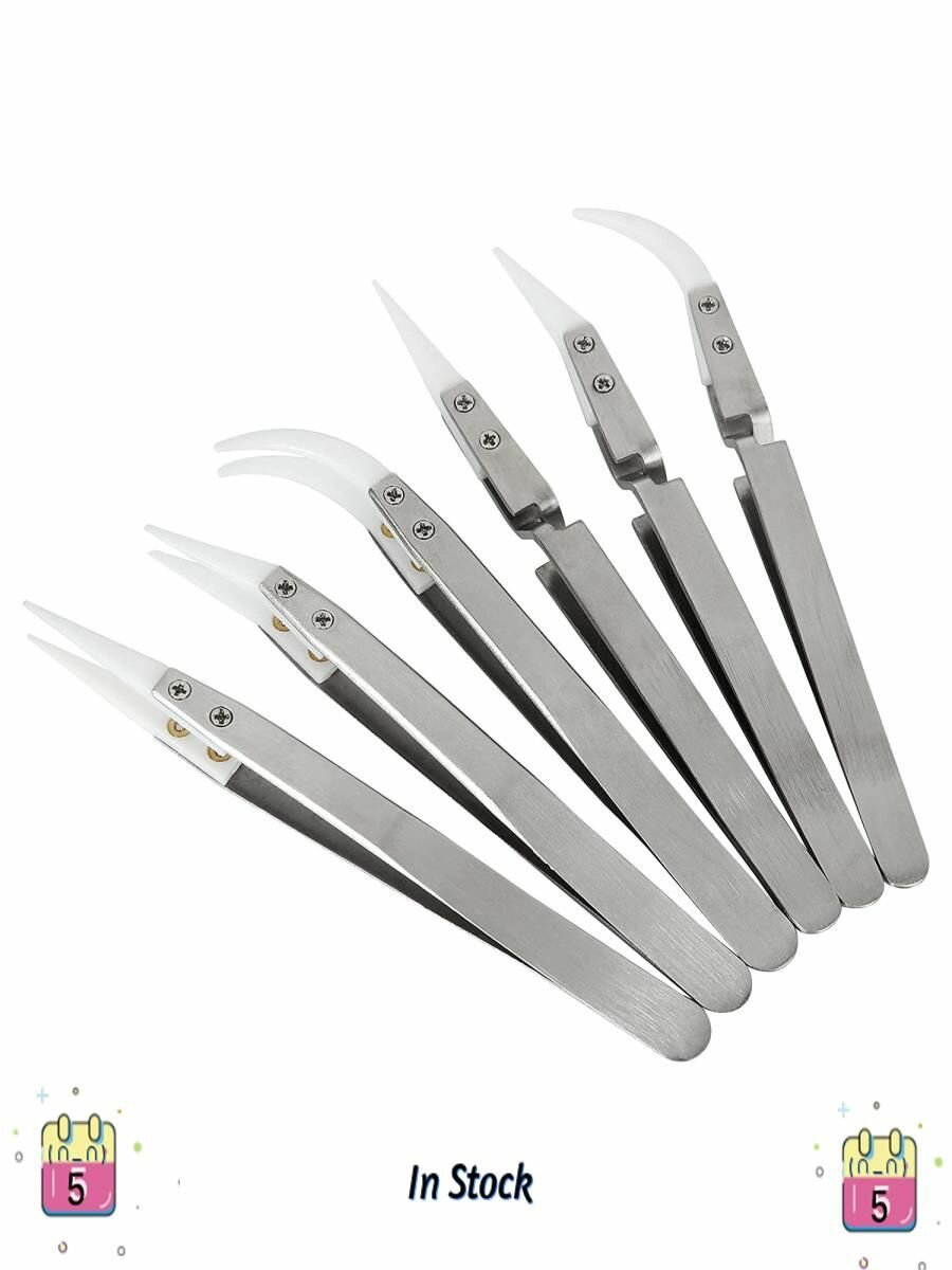6 прецизионных керамических совместим обратной пайки, непроводящие, с антимагнитными заостренными и изогнутыми наконечниками, набор пинцетов