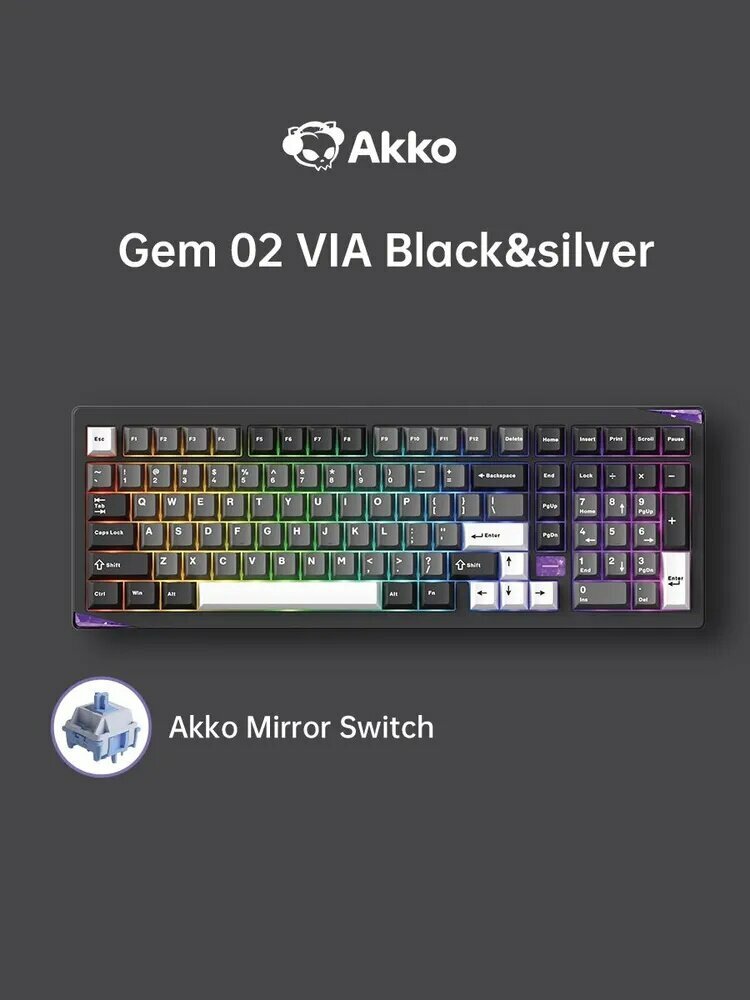 AKKO Игровая клавиатура беспроводная AKKO Игровая клавиатура беспроводная Akko Gem 02 VIA трехрежимная механическая клавиатура RGB, 102 клавиши US, с поддержкой горячей замены, (Akko Mirror), Английская раскладка, черно-серый, сиреневый