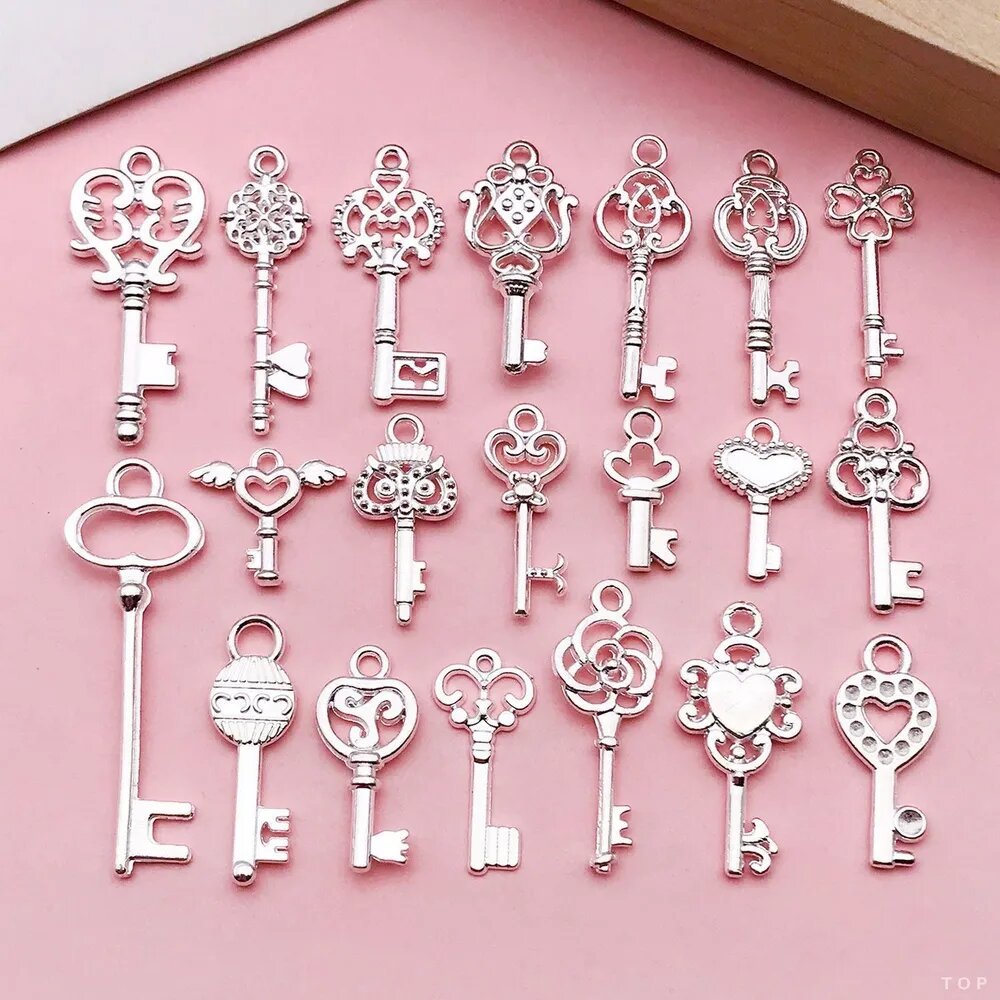 20 видов маленьких ключиков из блестящего серебра набор для создания бижутерии.
