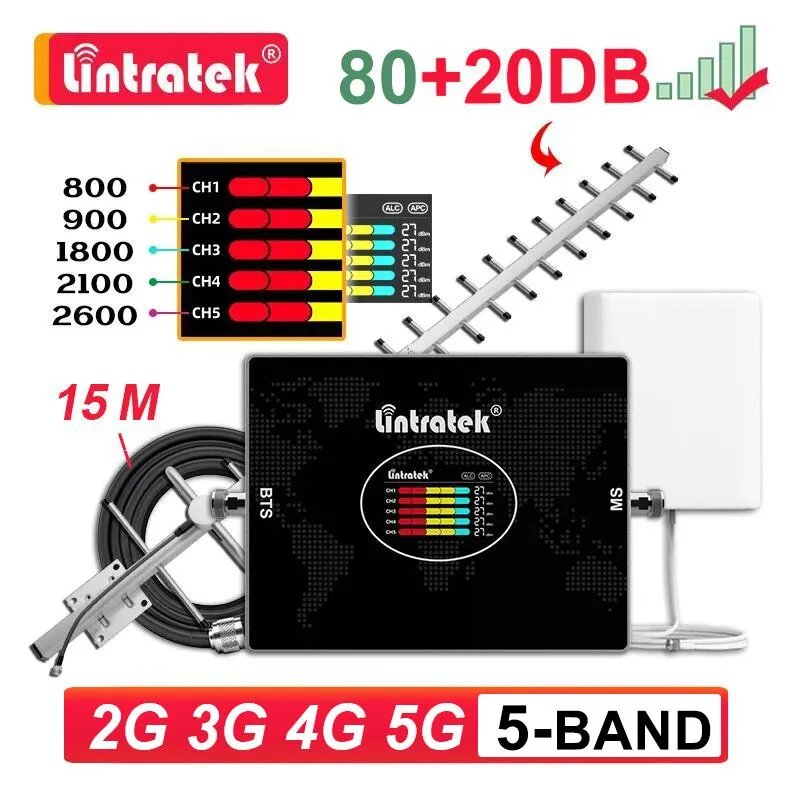 Lintratek 5G Усилитель сигнала сотовой связи GSM 3G 4G LTE 800 900 1800 2100 2600 МГц Комплект 15M
