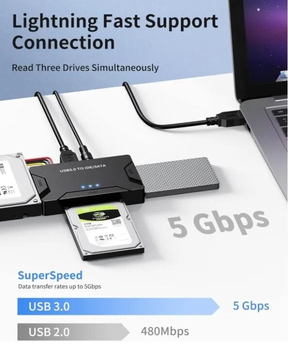 USB 3.0 to IDE/SATA Converter - Адаптер для 3,5/2,5-дюймовых жестких дисков - USB Type-C - Черный — фото 1