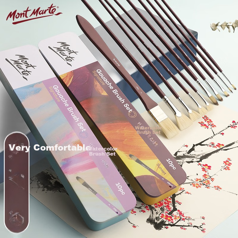 Mont Marte Sunset Iron Box 10-Piece Watercolor Chalk Pig Bristle Watercolor Brush Acrylic Paint Brush Art Line Pen Children's Oil Painting Brush Set BMHS1014 Art Sketching