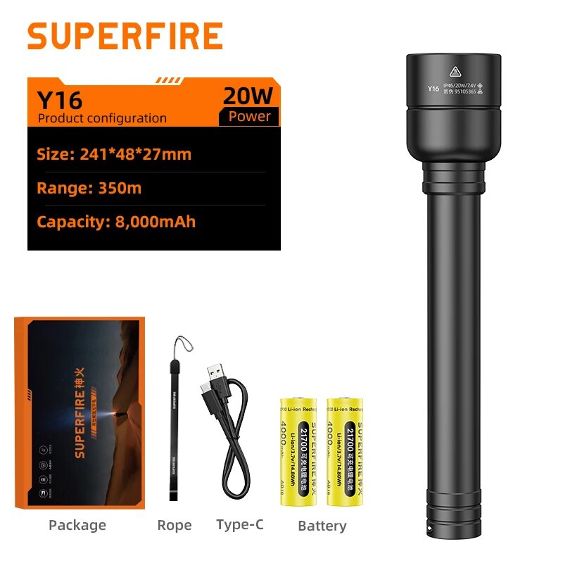 SUPERFIRE Y16 алюминиевый перезаряжаемый фонарь 20Вт 1700 люмен