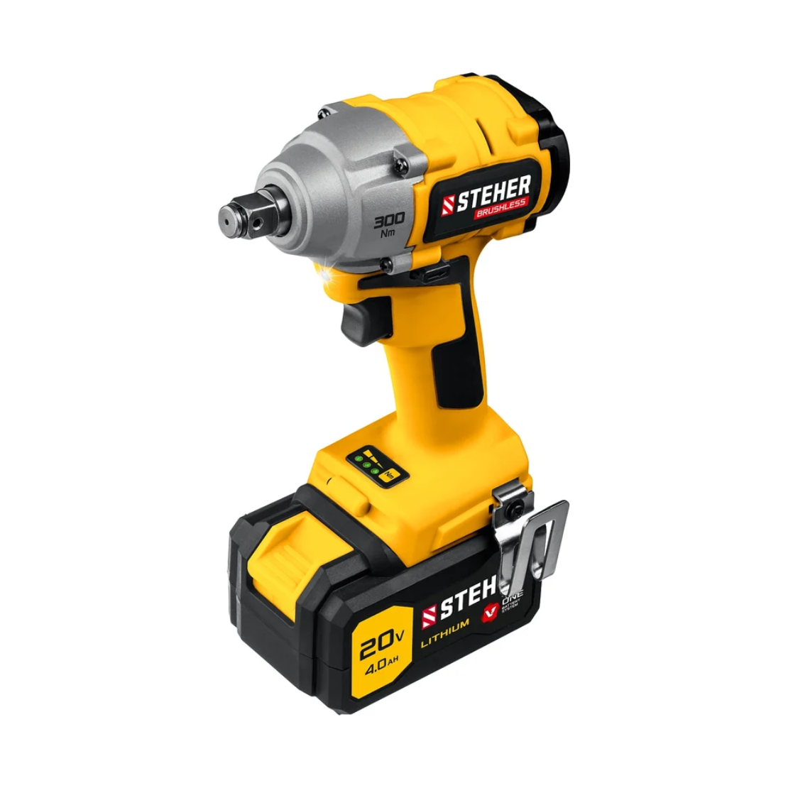 Гайковерт аккумуляторный Steher CWB-300-1, бесщеточный, 20 В, Li-Ion, 330 Нм, LED-подсветка, реверс, желтый