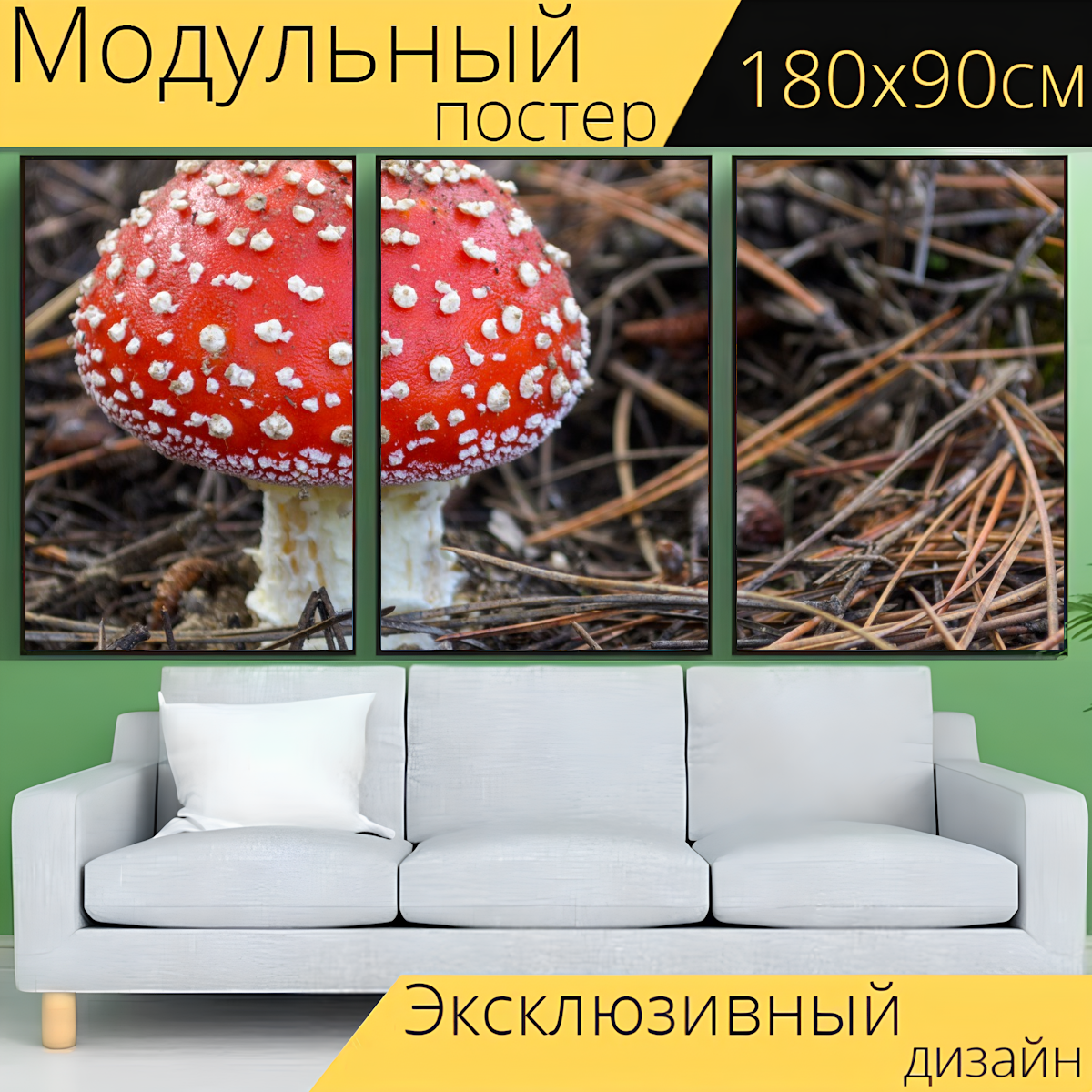 Модульный постер "Мухомор, мухомор красный, гриб" 180 x 90 см. для интерьера на стену в тубусе