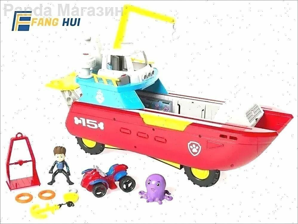 Игровой набор для детей Щенячий Патруль "Большой Корабль спасателей" со световыми и звуковыми эффектами / мультяшные фигурки / Щенки спасатели.