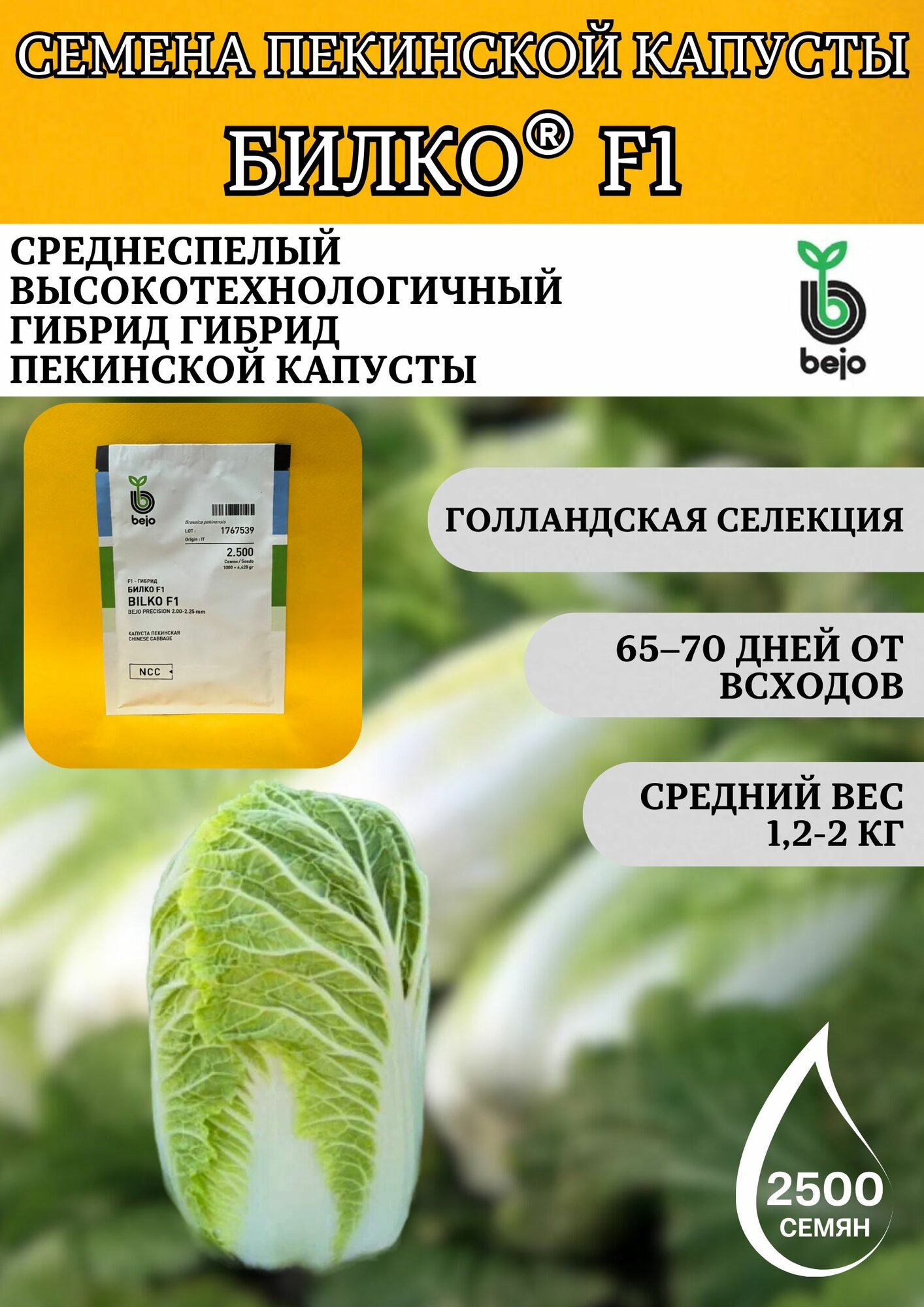 Семена пекинской капусты Билко F1 2500 штук, профессиональные семена