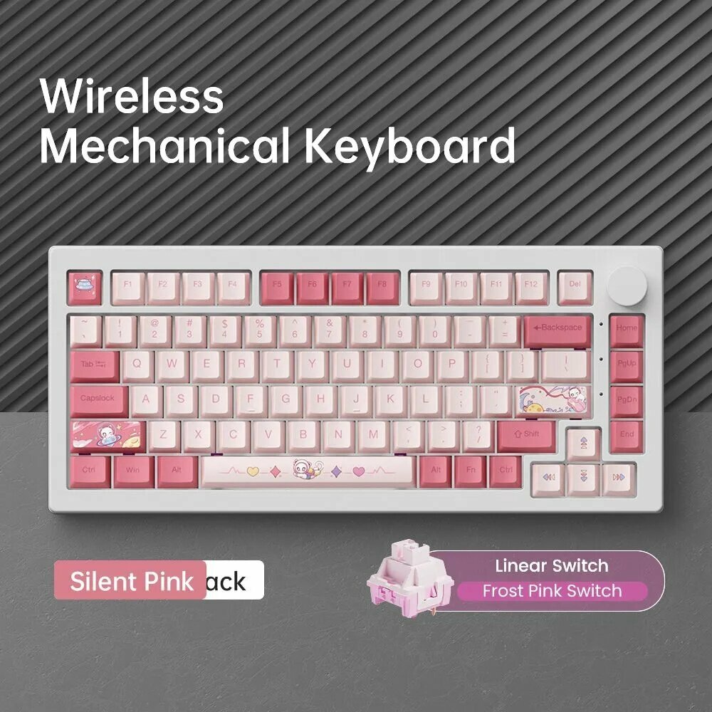 AKKO Игровая клавиатура беспроводная Бесшумная порошковая механическая клавиатура Akko 5075 V3 с тремя режимами работы, RGB, 82 клавиши, US с возможностью горячей замены, (Akko Frost Pink), Английская раскладка, темно-розовый, светло-розовый