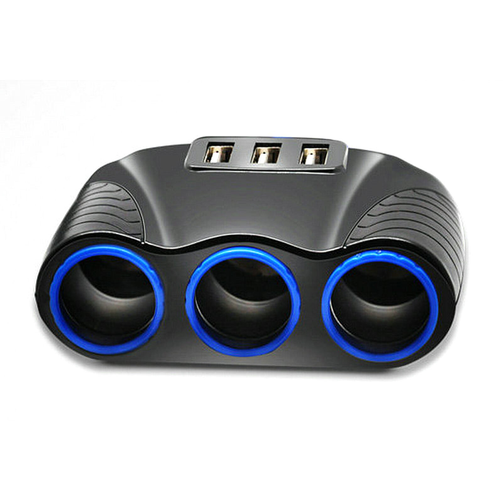 Розеточный адаптер для автомобиля 12-24V с 3 розетками и 3 USB портами, черного цвета, пластик, вход DC 12V-24V, выход USB DC 5V 3.1A, максимальная мощность 120W, длина кабеля 75см, вес упаковки 130г, размер упаковки 9*6.5*3см для автомобилей, планшетов,