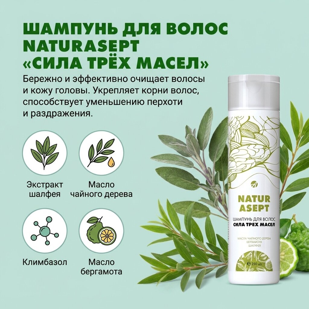 Шампунь для волос Natur asept «Сила трех масел»