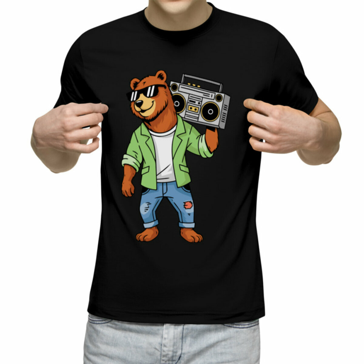 Мужская футболка «Медведь с магнитофоном на плече. Прикол, мем» (черный, 2XL)