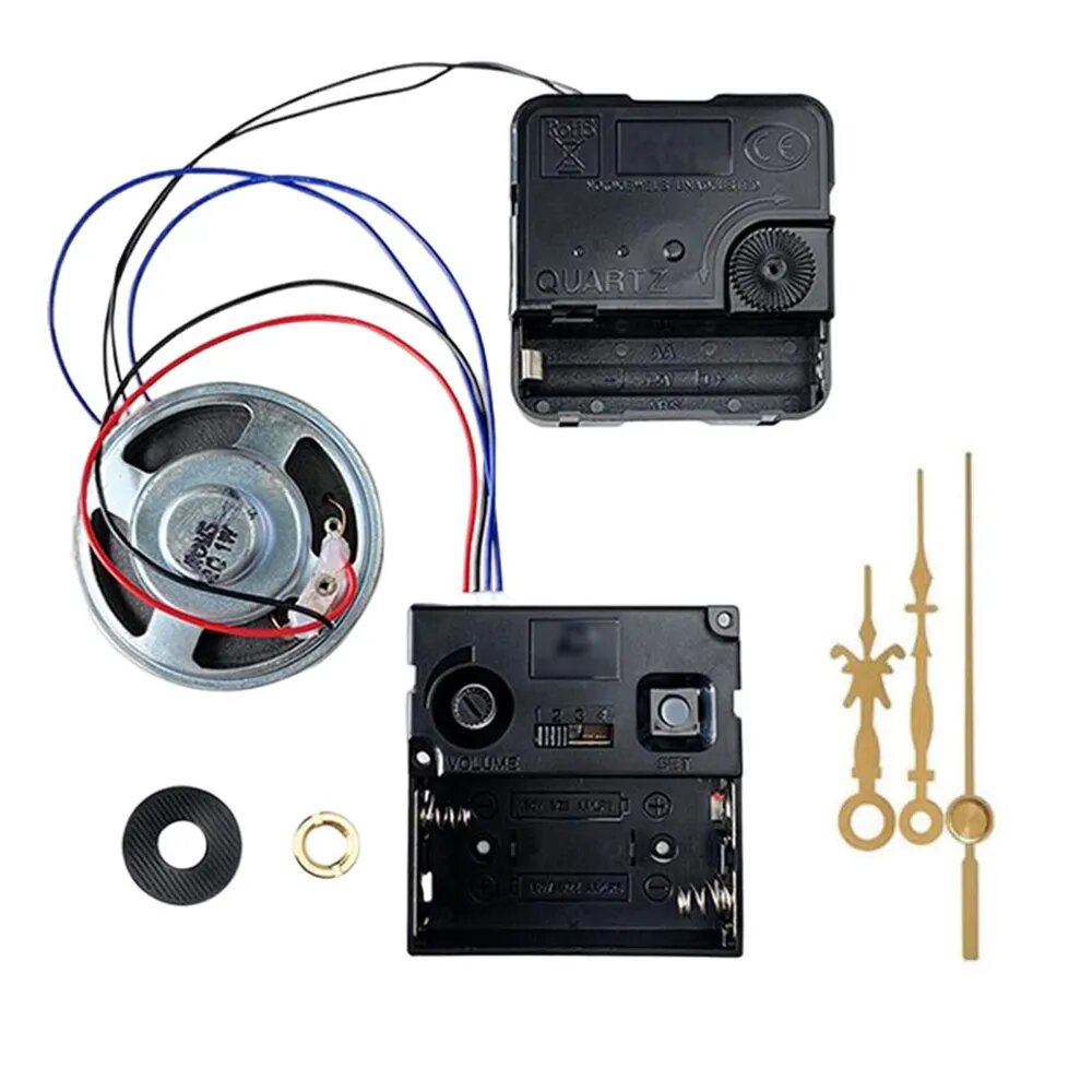 Механизм для настенных часов с музыкальным боем, комплектом стрелок и аксессуарами для ремонта.